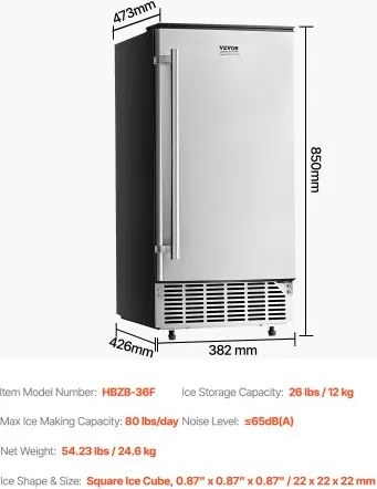Podpultový výrobník ledu 36,3 kg/den Vestavěný s otočnými dvířky