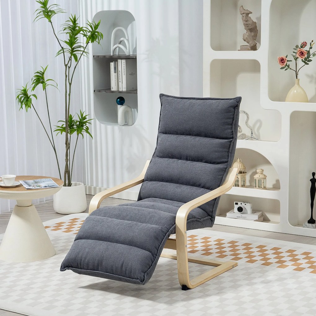 HOMCOM Tmavě šedé dřevěné relaxační křeslo s sametovým potahem, nastavitelný opěrka na nohy, moderní design pro obývací pokoj a lounge