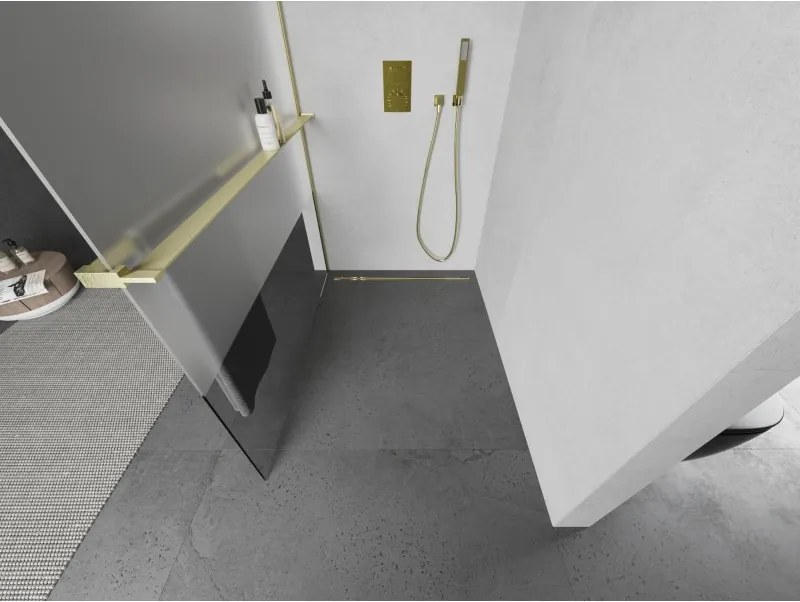 Mexen Kioto+ L, sprchová zástěna Walk-In s poličkou a věšákem 90 x 200 cm, 8mm čiré sklo-námraza, zlatý matný profil, 800-090-123-55-35