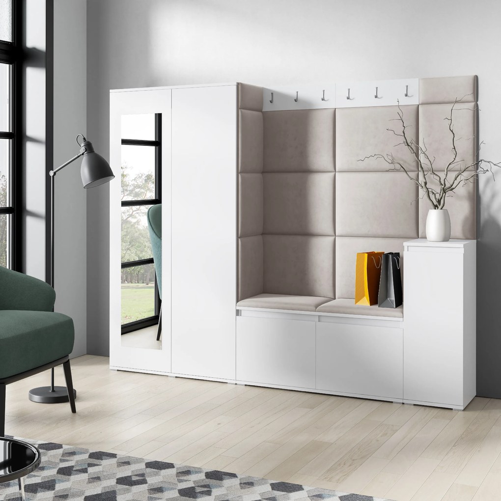 Eka Předsíňová stěna s čalouněnými panely Trinity 27 - Bilá / Tmavá krémová 2302