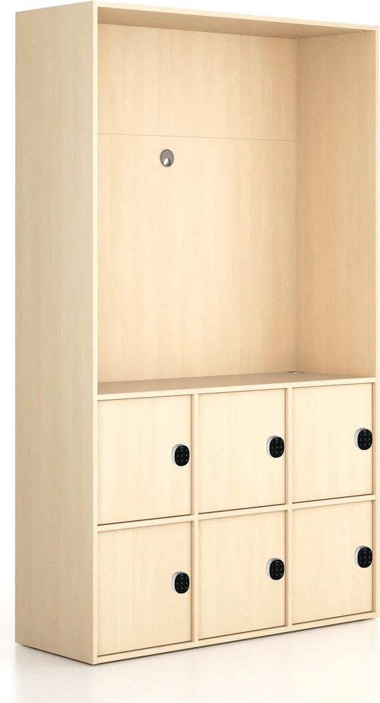 Kancelářská skříň FRAME, 6x dveře, prostor pro TV, 1299 x 450 x 2162 mm, kódový zámek, bříza