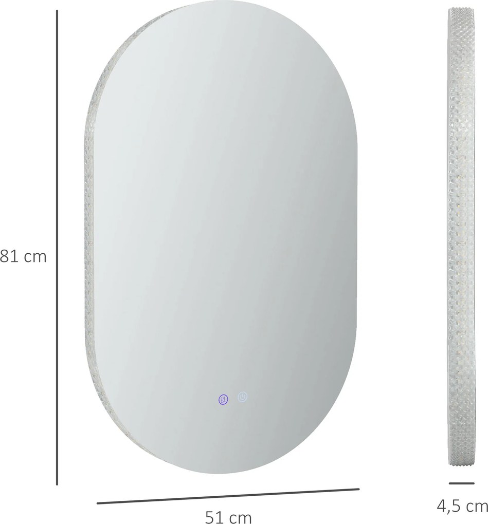 kleankin oválné osvětlené LED nástěnné zrcadlo do koupelny 81 x 51 cm, 3 barvy, nastavitelná jasnost, dotykový spínač, průhledné