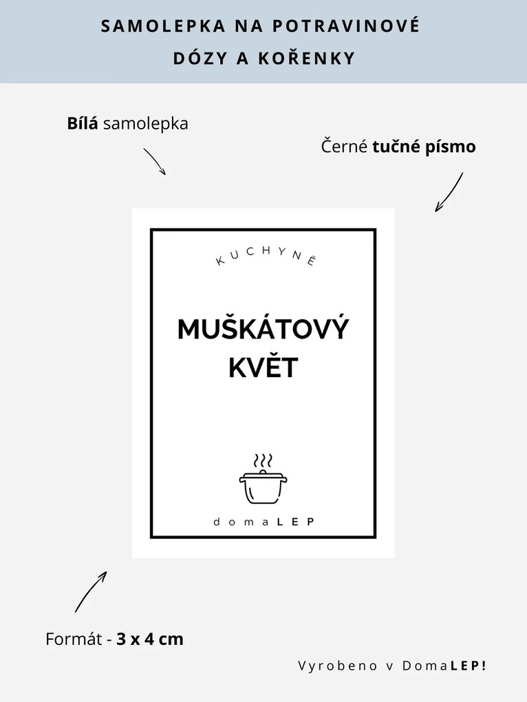 Samolepka na kořenky MUŠKÁTOVÝ KVĚT bílá 3 × 4 cm tučné písmo