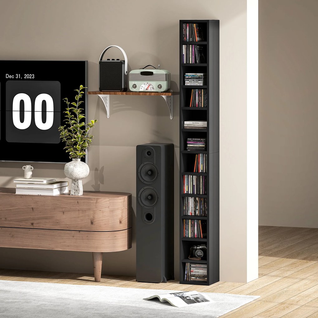 HOMCOM sloupový regál na CD a DVD, 12 přihrádek, pojme až 204 disků, 21 × 20 × 175 cm, černý