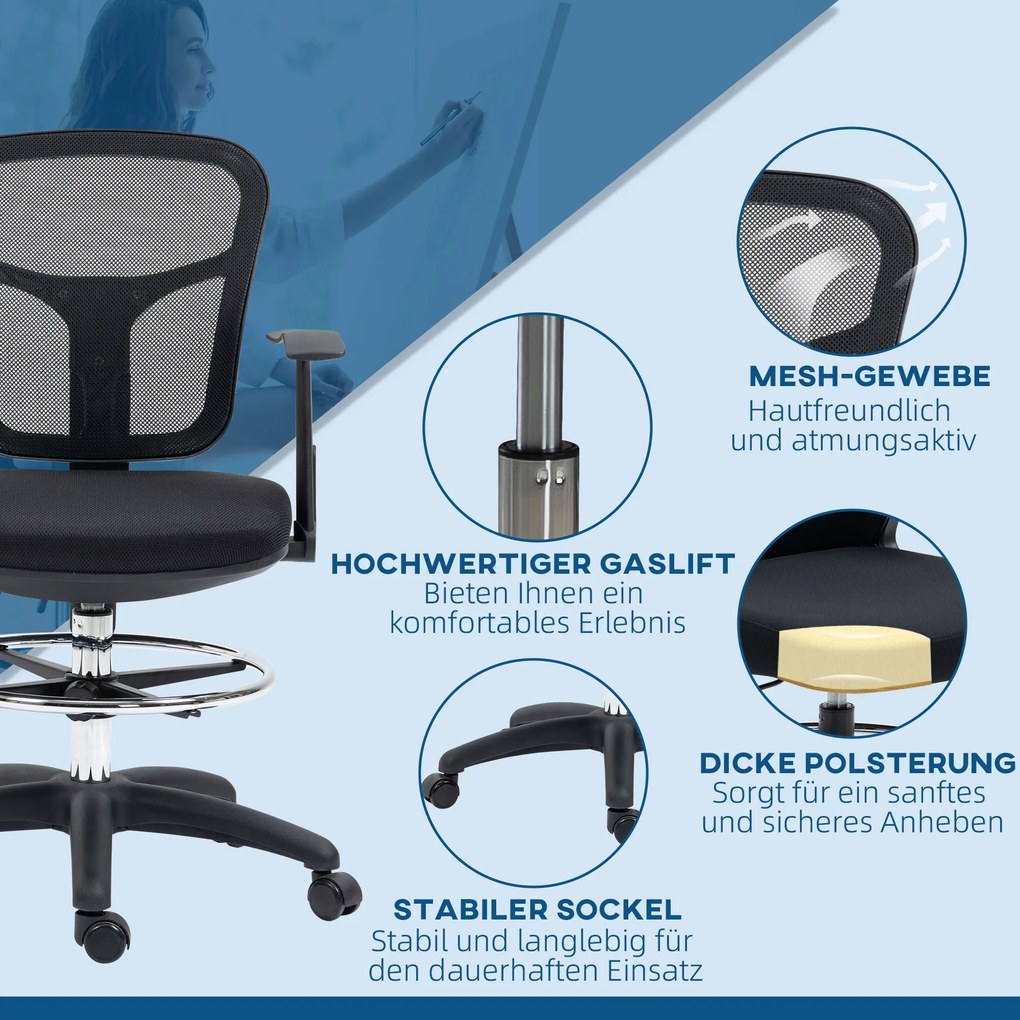Kancelářská židle Vinsetto Ergonomická počítačová židle 95-115 cm s područkami a podnožkou Mesh Black pro kancelář a domácí kancelář |