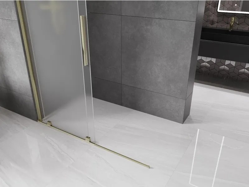 Mexen Velar, sprchová zástěna s posuvnými dveřmi Walk-in 150 x 200 cm, 8mm sklo námraza, zlatá lesklá, 871-150-000-33-50