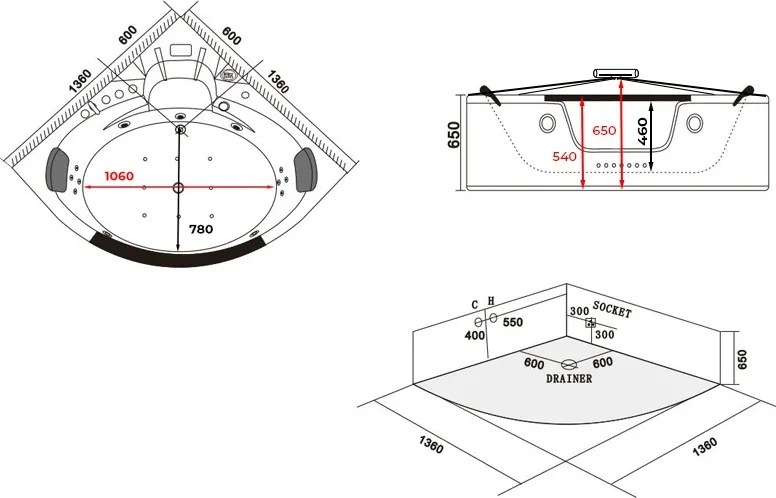 BPS-koupelny Hydromasážní vana HYD-OR632CH 135x135 s ohřevem vody