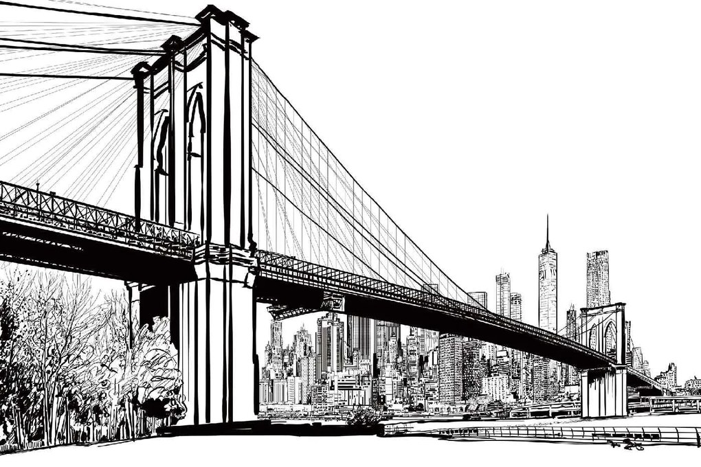 DIMEX | Samolepicí vliesová fototapeta na zeď Ilustrace Brooklyn Bridge MA-5-2965 | 375 x 250 cm | bílá, černá