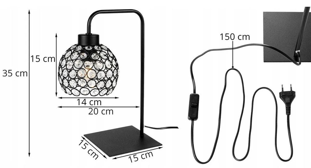 Stolní lampa Crystal, 1x černé křišťálové stínítko