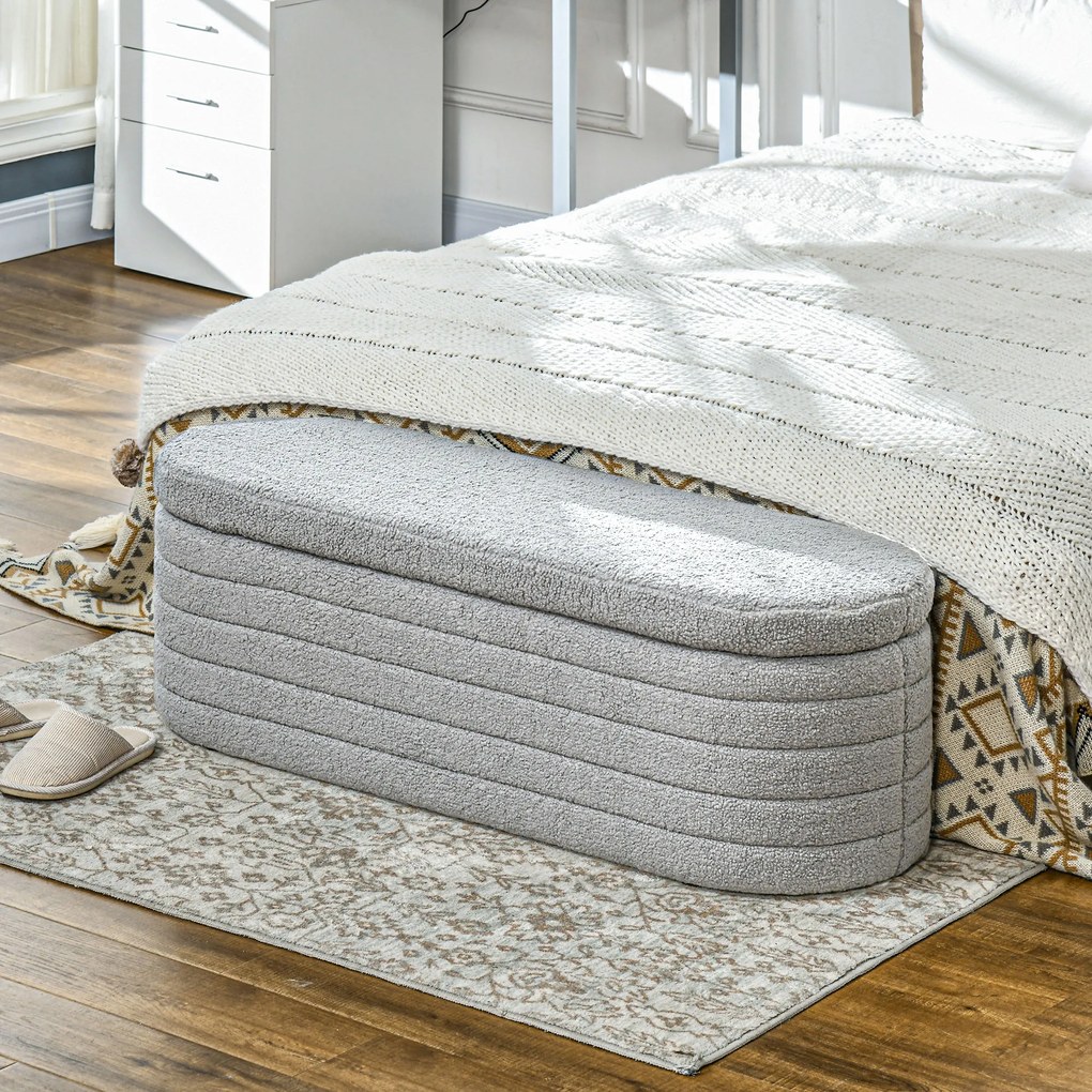 HOMCOM Lavice do ložnice, s úložným prostorem, dřevěné nohy, vysoká stabilita, plyšové rouno, nosnost 120 kg, 116 x 41 x 40,5 cm, světle šedá | Aosom