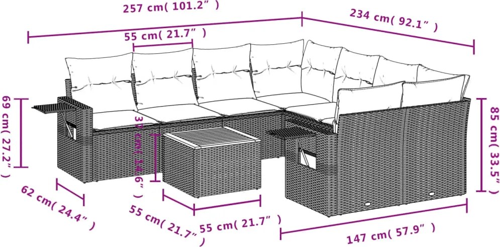 9dílná zahradní sedací souprava a podušky mix béžové polyratan 3256822