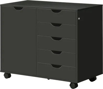 HOMCOM kancelářský vozík s 5 zásuvkami, 1 dveřmi a nastavitelnou policí, stojan na tiskárnu na kolečkách, 78x40x66,5 cm, černý