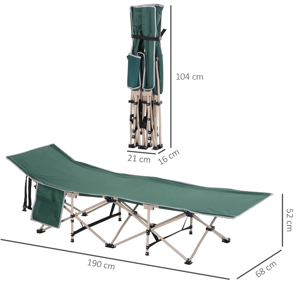 Kempinkové lůžko Outsunny s úložnou taškou, skládací kempinkové lůžko, kempinkové lehátko, včetně přenosné tašky, ocel Oxford, zelené, 190 x 68 x 52 …