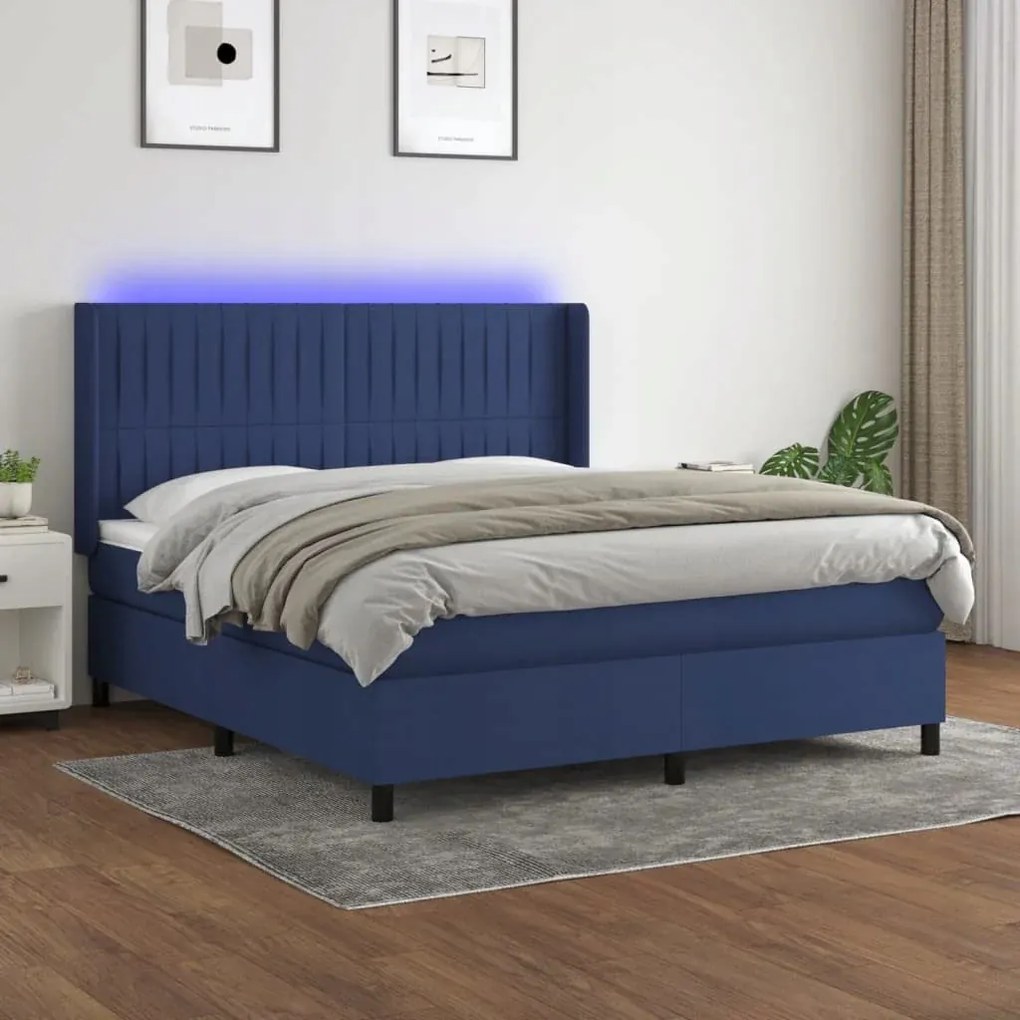 Box Spring Postel S Matrací A Led Textil Modrá Svislé pruhy 180 x 200 cm