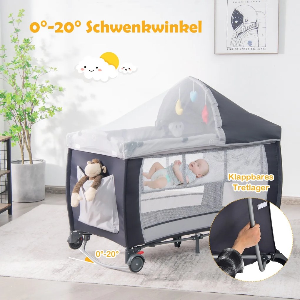 Costway Cestovní skládací postýlka 4 v 1 a dětská kolébka – 123 × 63 × 76 cm