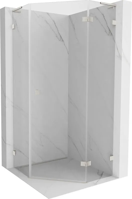 Mexen Lunar, L pravý výklopný pětiúhelníkový sprchový kout 100x100 cm, 8mm čiré sklo, ocelový profil, 831L-100P-100L-97-00-P