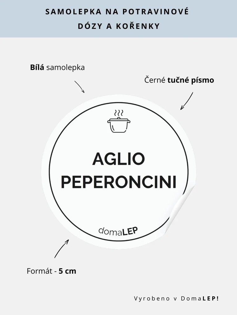 Samolepka na kořenky AGLIO PEPERONCINI bílá 5 cm tučné písmo
