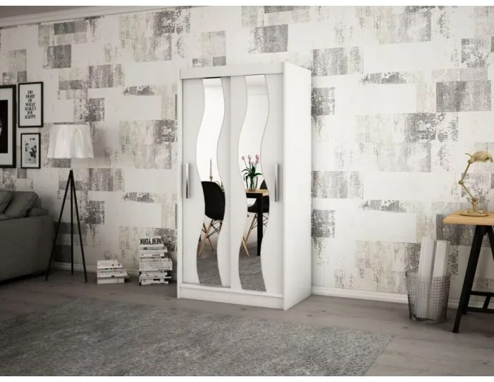 Šatní skříň s posuvnými dveřmi a ozdobnými zrcadly Herta 100 v barvě bílé