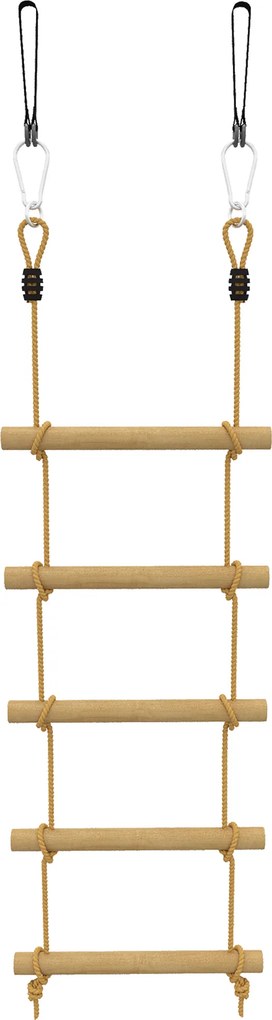 AIYAPLAY Ninja Line dětský lanový žebřík s 5 příčkami a slackline 1,8 m — přírodní dřevo, včetně 2 karabin a 2 popruhů na strom (3–8 let)
