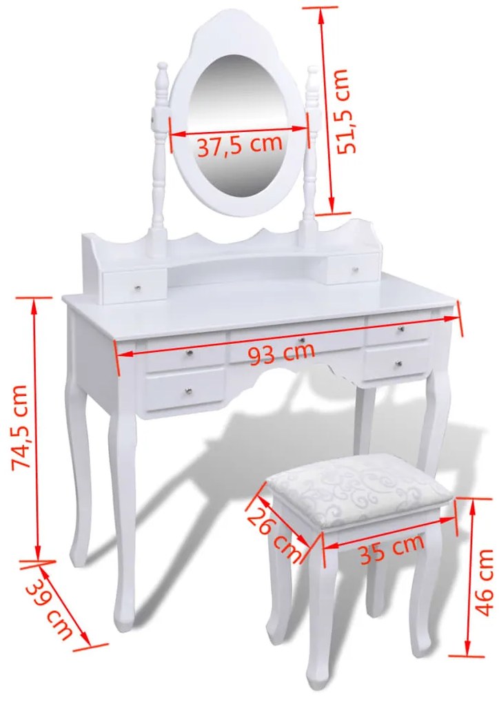 vidaXL Marketos Toaletní stolek se zrcadlem, stoličkou a 7 šuplíky bílý