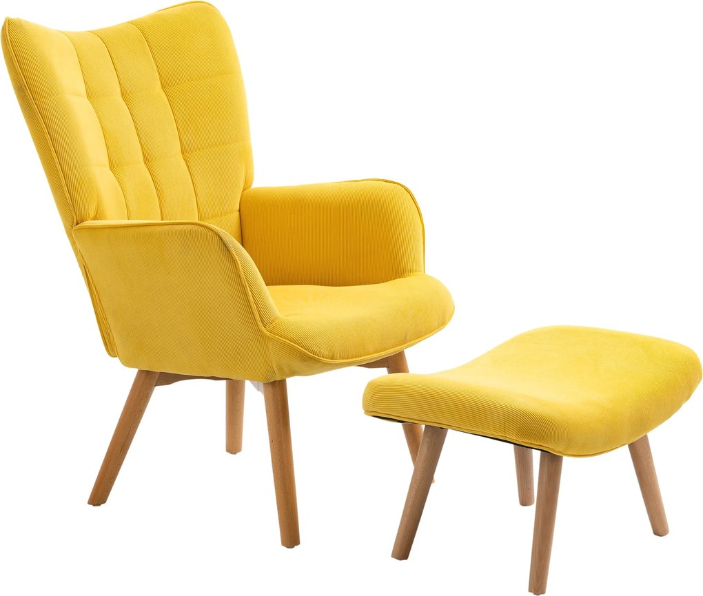 HOMCOM polohovatelné křeslo lounge wing chair s taburetem ve žluté barvě, křeslo s dřevěnými nohami, vzhled šňůry pro příjemné posezení