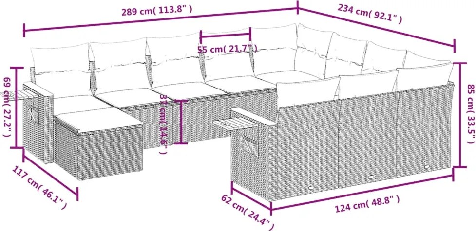 11dílná zahradní sedací souprava s poduškami šedá polyratan 3259610