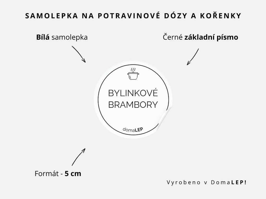 AMERICKÉ BRAMBORY - omyvatelná samolepka na kořenky, výběr rozměrů Ø 5 cm / 5 x 5 cm / 6 x 8 cm | DomaLEP tvar: ČTVEREC, barva: BÍLÁ - ČERNÉ písmo, velikost: š. 5 cm x v. 5 cm - základní písmo