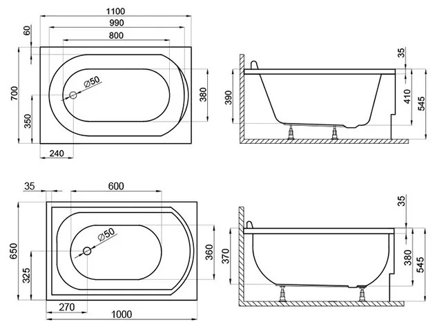 Polimat Akrylátová obdélníková vana Mini 100x65 (110x70) Barva: Bílá, Rozměry (cm): 110x70