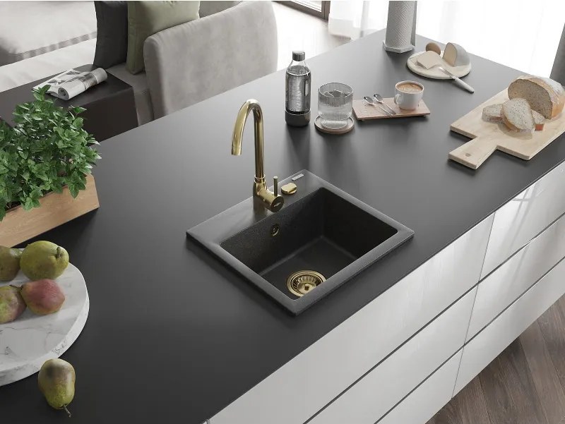 Mexen Milo, granitový dřez 435x410x171 mm, 1-komorový, černá skvrnitá se zlatým sifonem, 6505441000-76-G