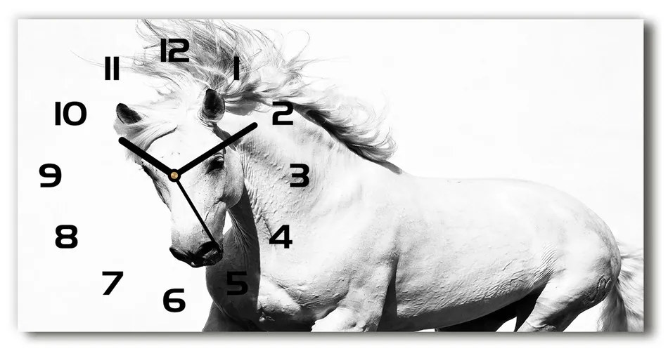 Wallmuralia Moderní skleněné hodiny na stěnu Bílý kůň 60x30 cm
