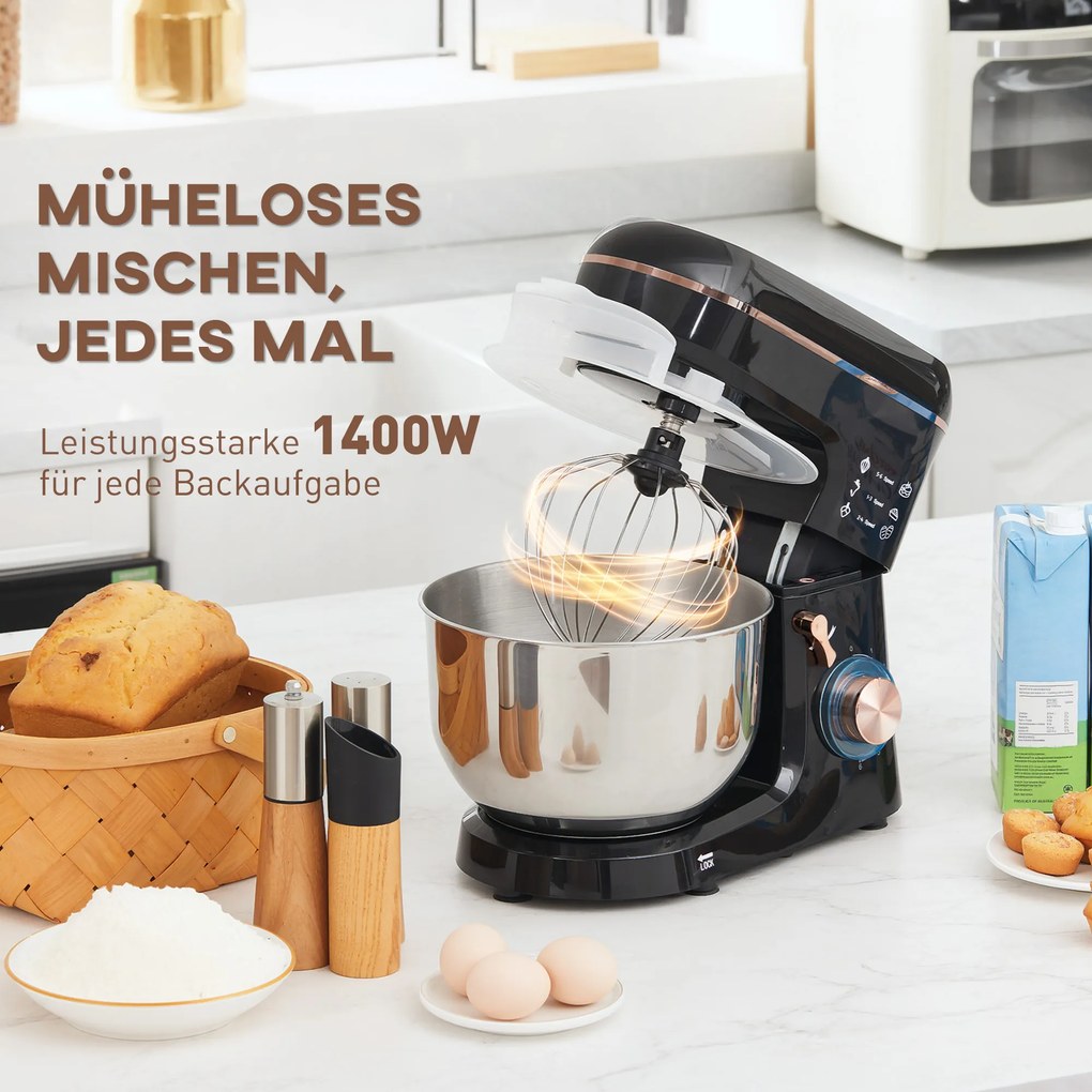 HOMCOM Stolní mixér, kuchyňský robot, šlehač, 6 stupňů, nerezová mísa 5,5 l, černý