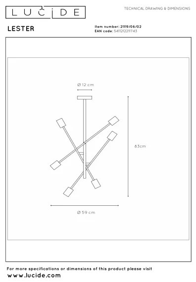 Lucide 21119/06/02 - Lustr na tyči LESTER 6xE27/40W/230V