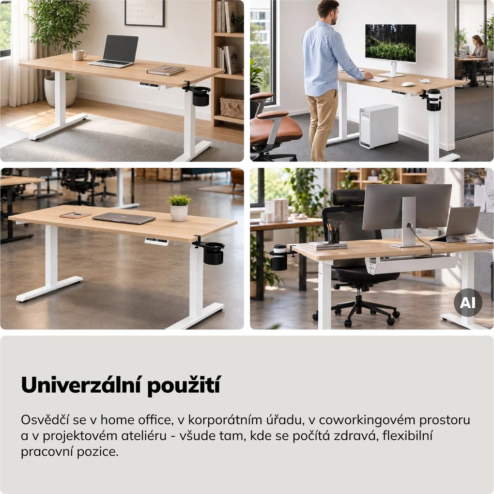 Elektrický stůl s nastavitelnou výškou ergonomický bílý/dub sonoma,1400x700 mm: ARIA