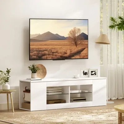 HOMCOM 140 cm TV stojan, televizní komoda, 6 přihrádek, 2 skleněné police, dřevotříska, bílá