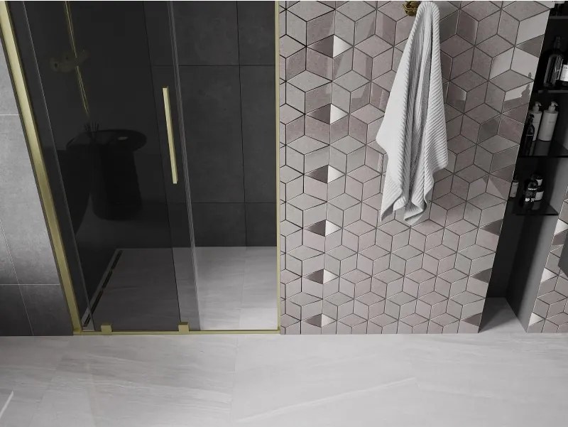 Mexen Velar, posuvné sprchové dveře do otvoru 100 cm, 8mm šedé sklo, zlatá matná, 871-100-000-41-55