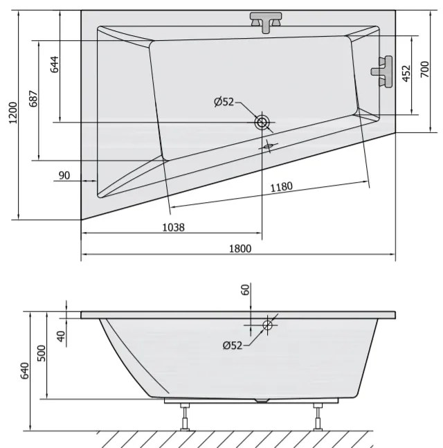 Polysan TRIANGL L asymetrická vana 180x120x50cm, bílá, 19611