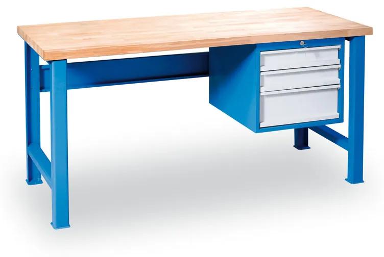 Výškově nastavitelný pracovní stůl GÜDE Variant se závěsným boxem na nářadí, buková spárovka, 3 zásuvky, 1700 x 800 x 850 - 1050 mm, modrá