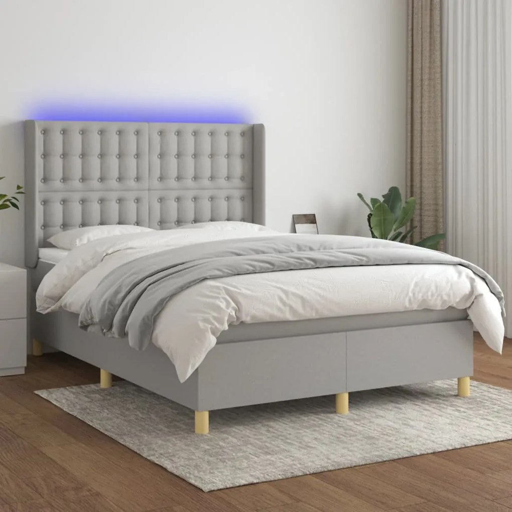 Box spring postel s matrací a LED světle šedá 140x190 cm textil 3139189