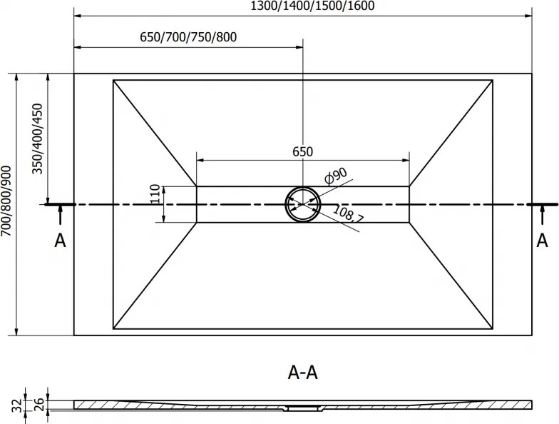 Mexen Toro, SMC obdélníková sprchová vanička 160 x 80 cm, bílá, černá krytka, 43108016-B