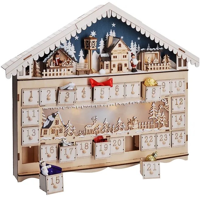 SOLIGHT LED adventní kalendář Horská chata, 10x LED, 50x40cm, 2x AA
