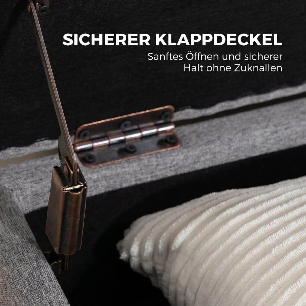 HOMCOM úložná lavice, lněný taburet s 2 přihrádkami, víky na pantech a extra polstrováním, sedadlo s knoflíkovým prošitím — (117 x 50 x 44 cm), šedá