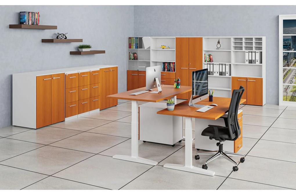 Kombinovaná kancelářská skříň PRIMO WHITE, dveře na 4 patra, 2128 x 800 x 420 mm, bílá/třešeň