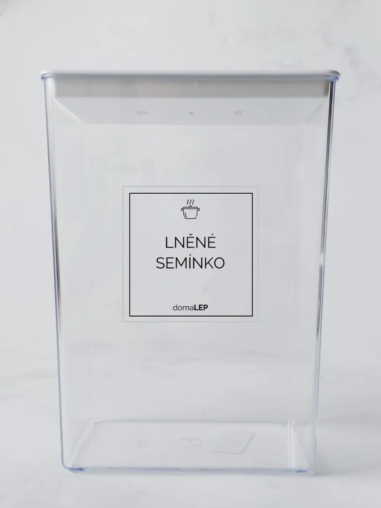 LNĚNÉ SEMÍNKO – průhledná samolepka na dózu, základní písmo, 5 x 5 cm | DomaLEP