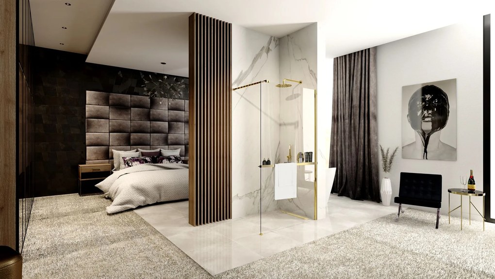 Rea Aero, sprchová zástěna typu Walk-In 110cm, 8mm čiré sklo, zlatý lesklý profil + polička a věšák EVO, KPL-K8441