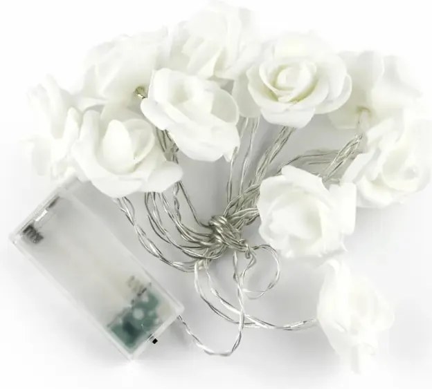LED světýlka na baterie, růžičky, 1,8 m, teple bílá, 10 diod, čirý kabel, IP20 interiér, 2× AA