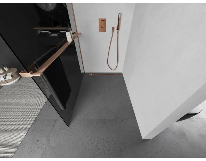 Mexen Kioto+, sprchová zástěna Walk-In s poličkou a věšákem 100 x 200 cm, 8mm šedé sklo, měděný matný profil, 800-100-121-65-40