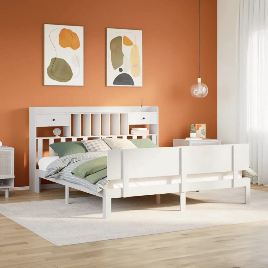 Postel s knihovnou bez matrace bílá 180x200 cm masivní borovice 3322699