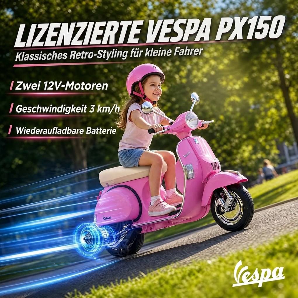 AIYAPLAY dětská elektrická Vespa PX150, Li-ion baterie, růžová