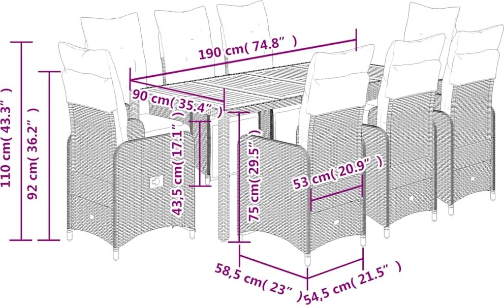 9dílný zahradní bistro set s poduškami šedý polyratan 3277162