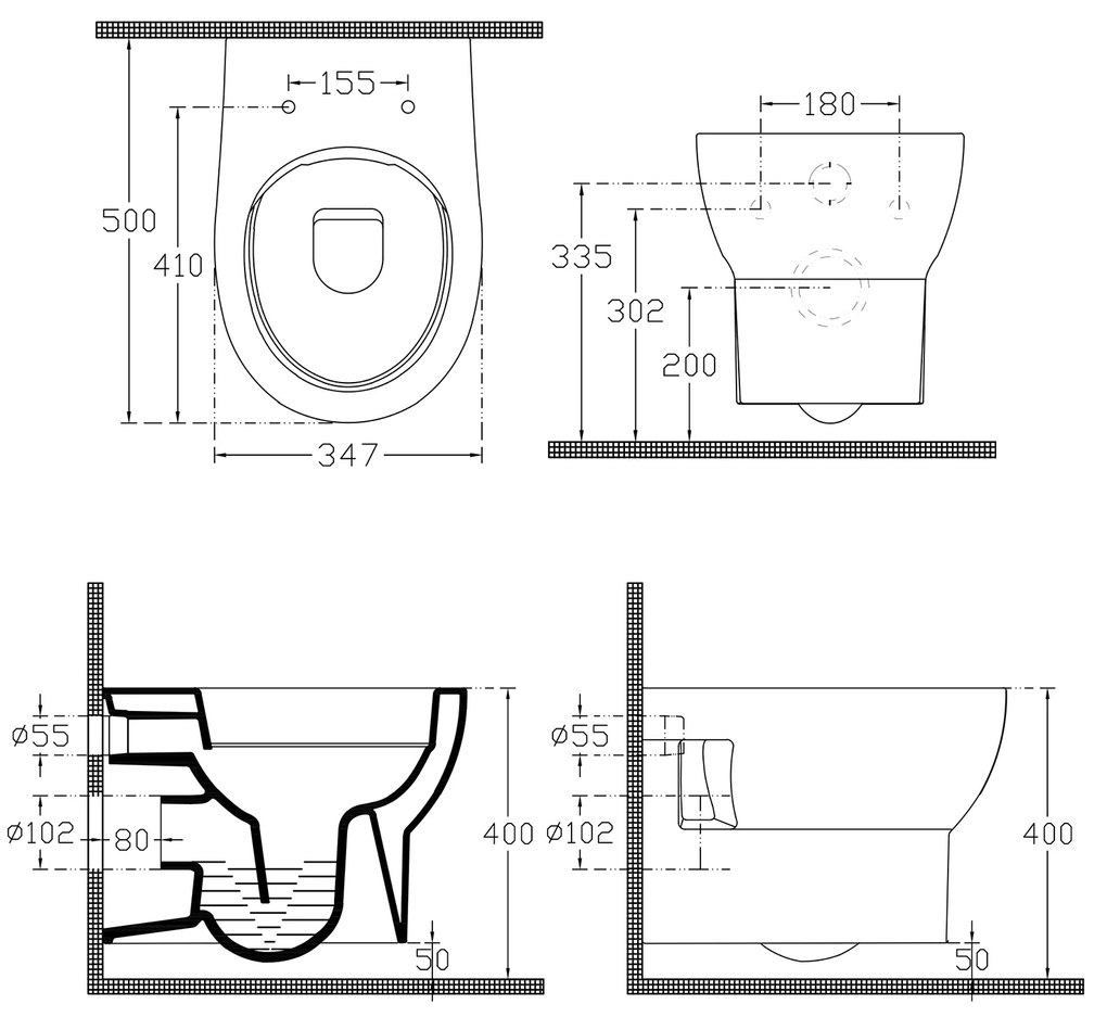 Aqualine, ABSOLUTE závěsná WC mísa, Rimless, 50x35 cm, bílá, 10AB02002